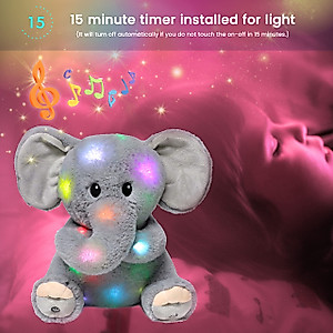 Hopearl LED Musical Stuffed Elephant Lighting Up Singing Plush Toy Adjustable Volume Lullaby Animated Soothe Birthday Festival for Kids Toddler Girls, Gray, 11''