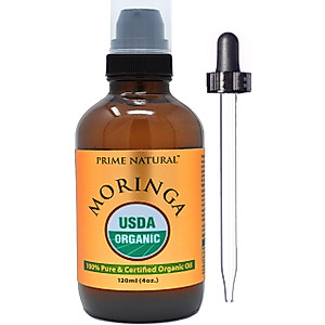 PRIME NATURAL Organic Moringa Oil USDA Certified, 100% Pure, Cold Pressed, Virgin, Unrefined Oil (4oz /120ml) - Joints, Skin, Face, Body & Hair - Vegan - Food Grade - Natural Moisturizer