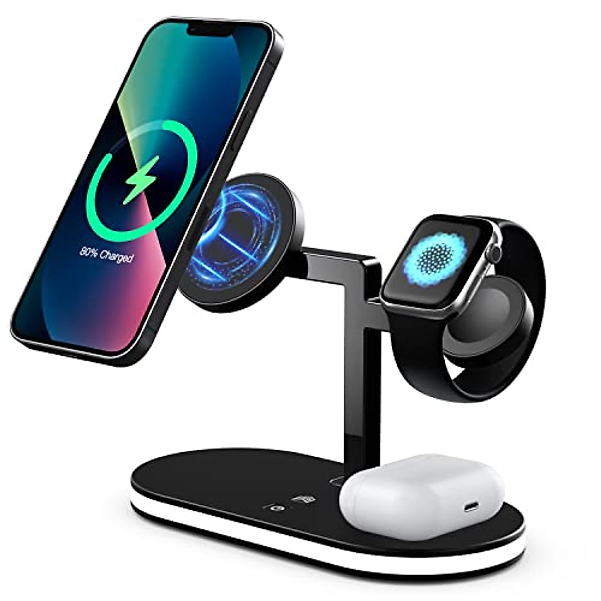 3 in 1 Aluminum Alloy Magnetic Wireless Charger for Magsafe Charger Stand GREENLEMON Fast Wireless Charging Station for iPhone 14 13/12 Series Apple Watch Airpods with LED Lamp 18W Adapter Black
