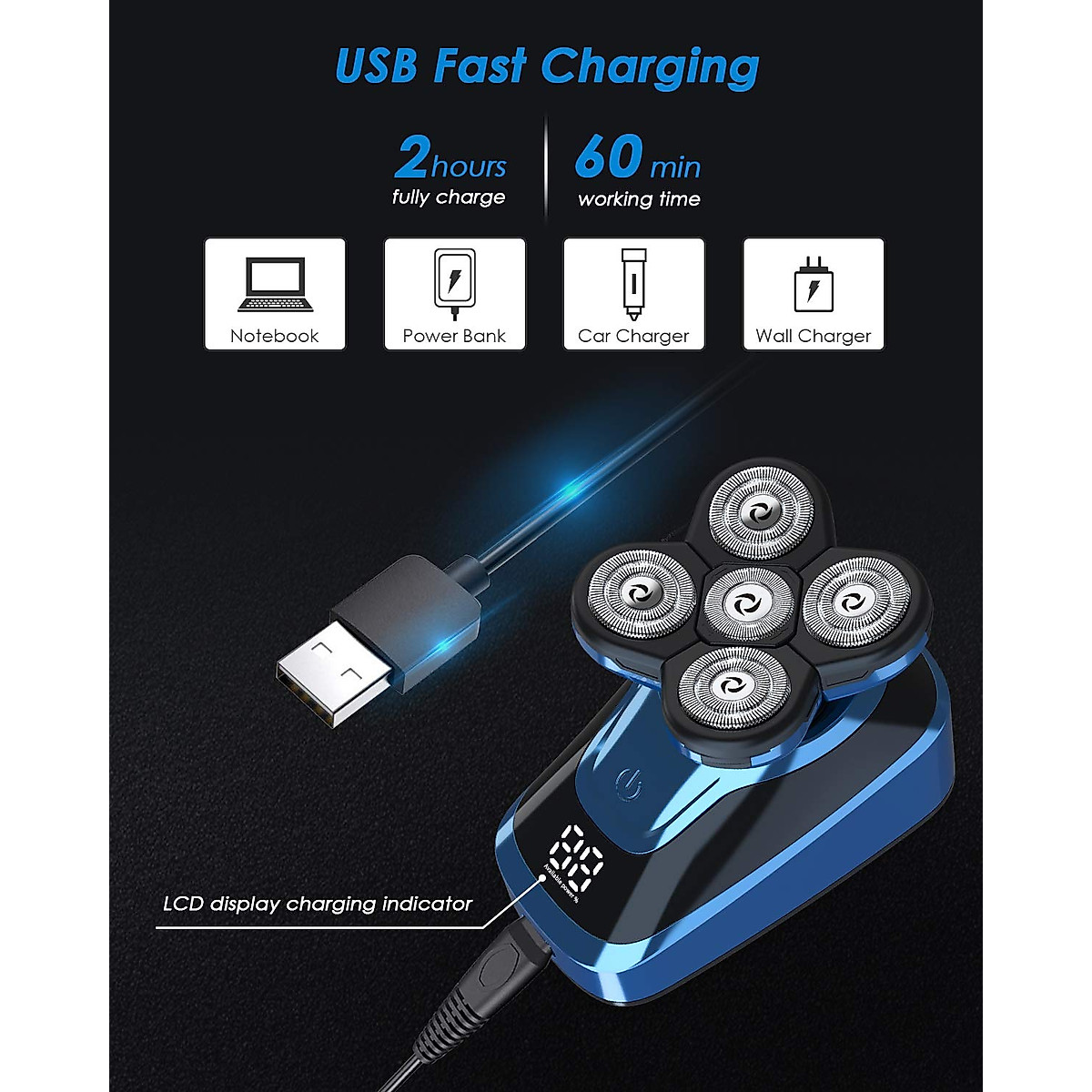 Electric Shavers for Men Bald Head Shaver LED Display 5-in-1 Faster-Charging 5D Floating Waterproof Electric Rotary Shaver with Clipper Nose Hair Facial Clean Waterproof