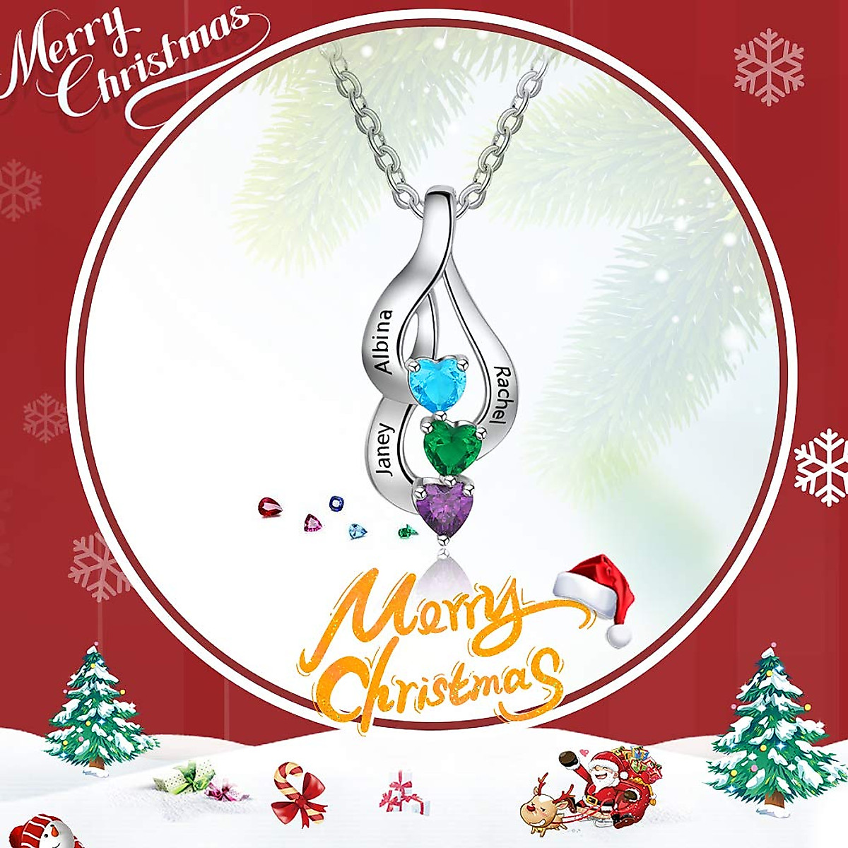 Personalized Sterling Silver 3 Heart Simulated Birthstone Mothers Pendant Necklace with Names Engraved Pendant Family Necklace for Women (3 Names)