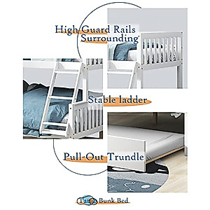 Tatub Twin Over Full Bunk Bed with Trundle, Ladder and Guard Rails, Pine Wood Frame, 3 in 1 Convertible Bunk Bed with Trundle for Kids, Teens, Adults, No Box Spring Needed, Bunk Bed White