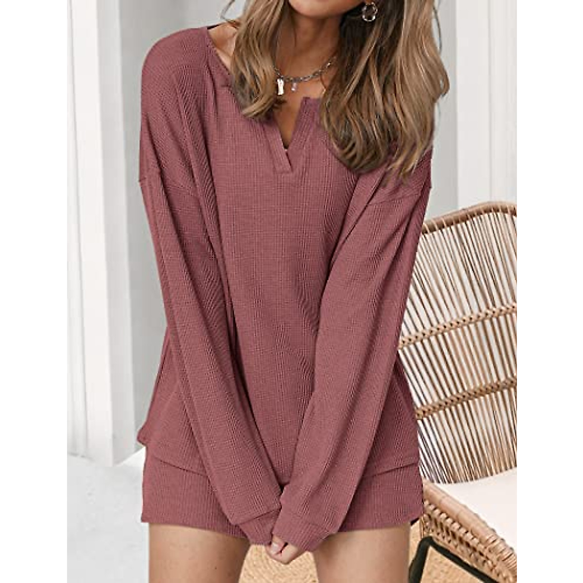 Ekouaer Womens Waffle Knit Long Sleeve Top and Shorts Loungewear Thick Pajama Set, A-rose Red, Large