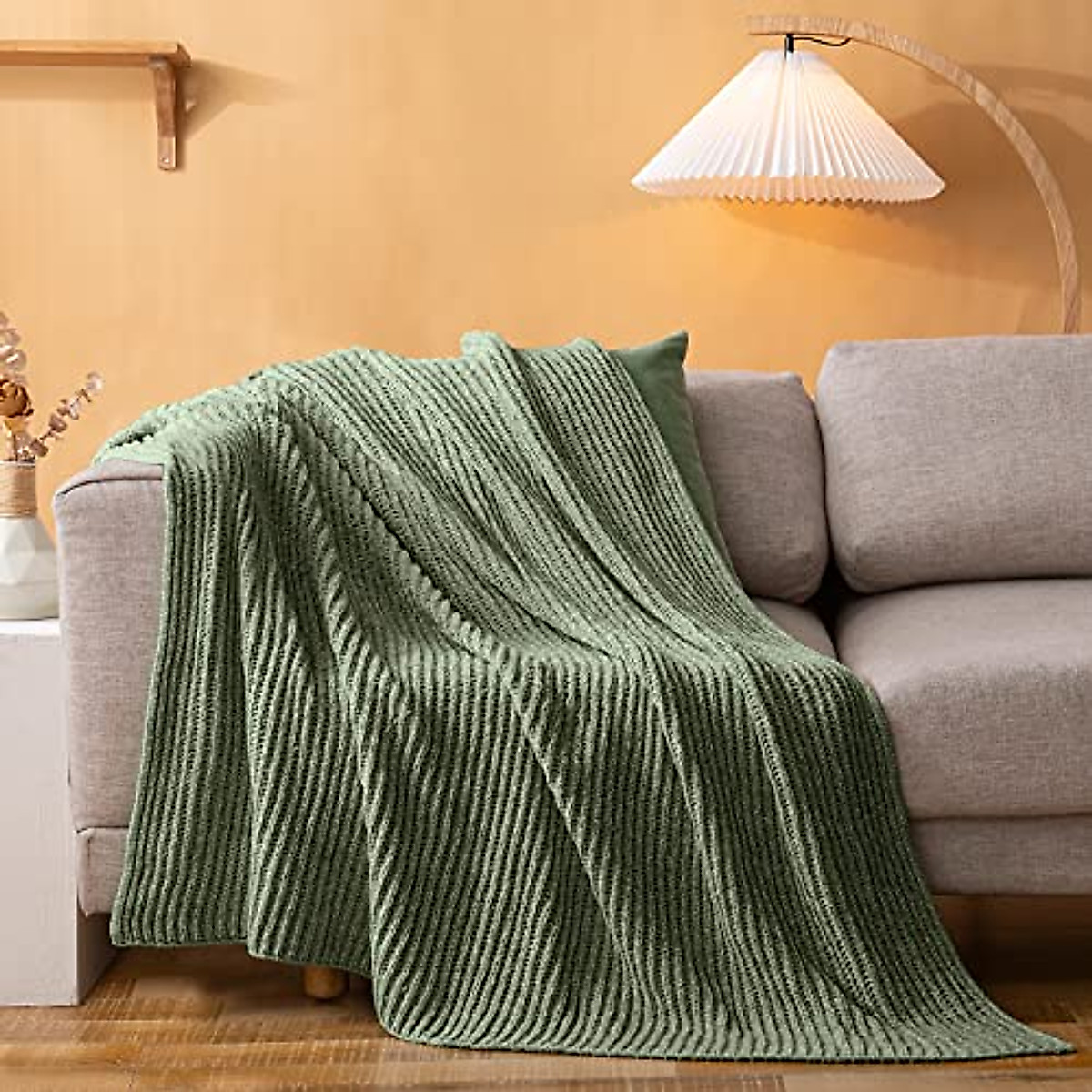 Aormenzy Sage Green Chenille Throw Blanket for Couch, Sage Knit Blanket Soft & Cozy Decorative Throw Blanket for Sofa Bed Chair