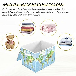 World Map Storage Basket 16.5x12.6x11.8 In Collapsible Fabric Storage Cubes Organizer Large Storage Bin with Lids and Handles for Shelves Bedroom Closet Office