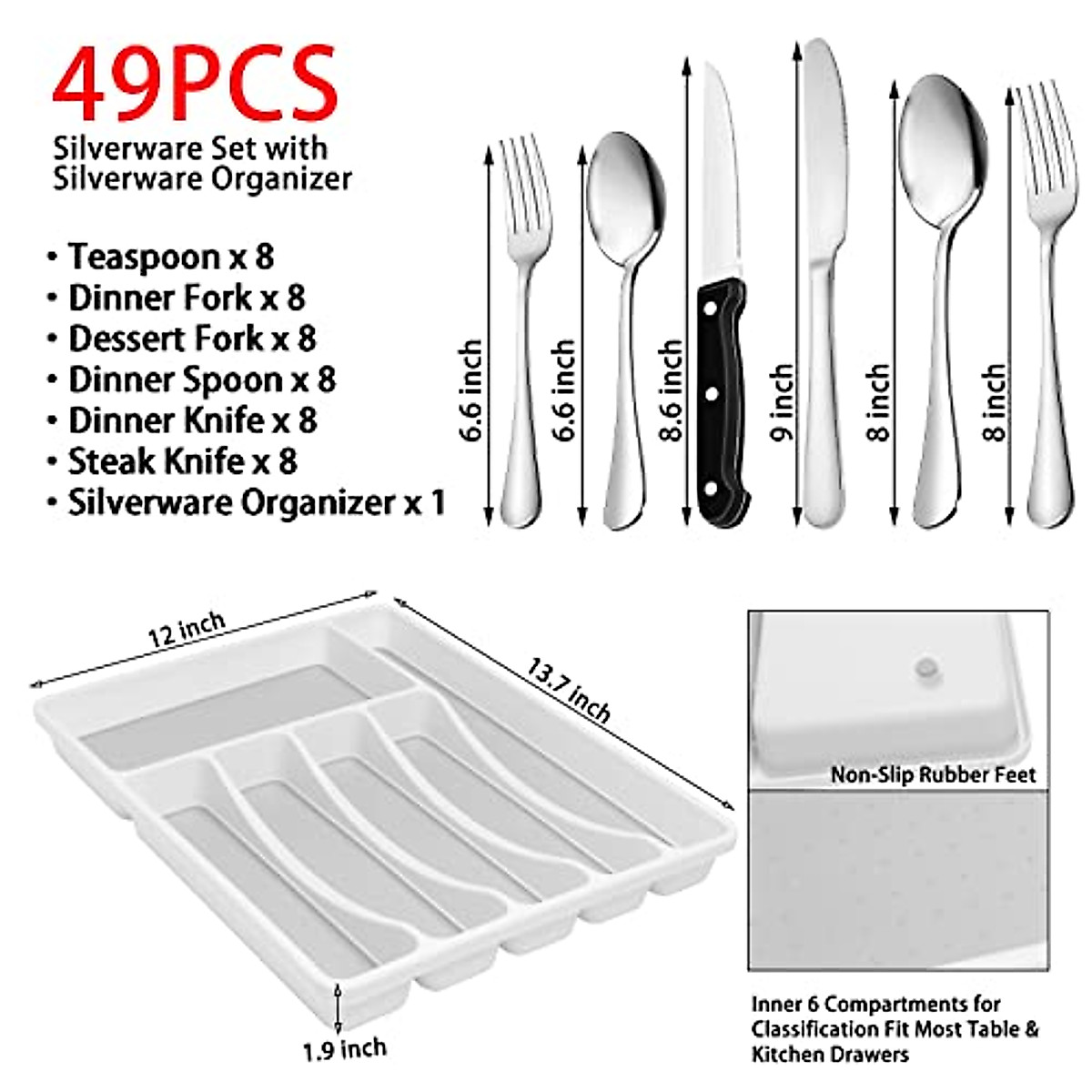 49-Piece Silverware Set with Flatware Drawer Organizer, Durable Stainless Steel Cutlery Set for 8, Mirror Polished Kitchen Utensils Tableware Service with Steak Knives Dinner Fork Knife Spoon & Tray