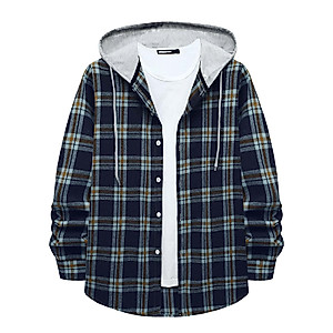 Aymnlox Hoodies for Men Fashion Long Sleeve Plaid Button Shirts Jacket With Hood Casual Stylish Drawstring Sweatshirts Coat men designer hoodies Blue M