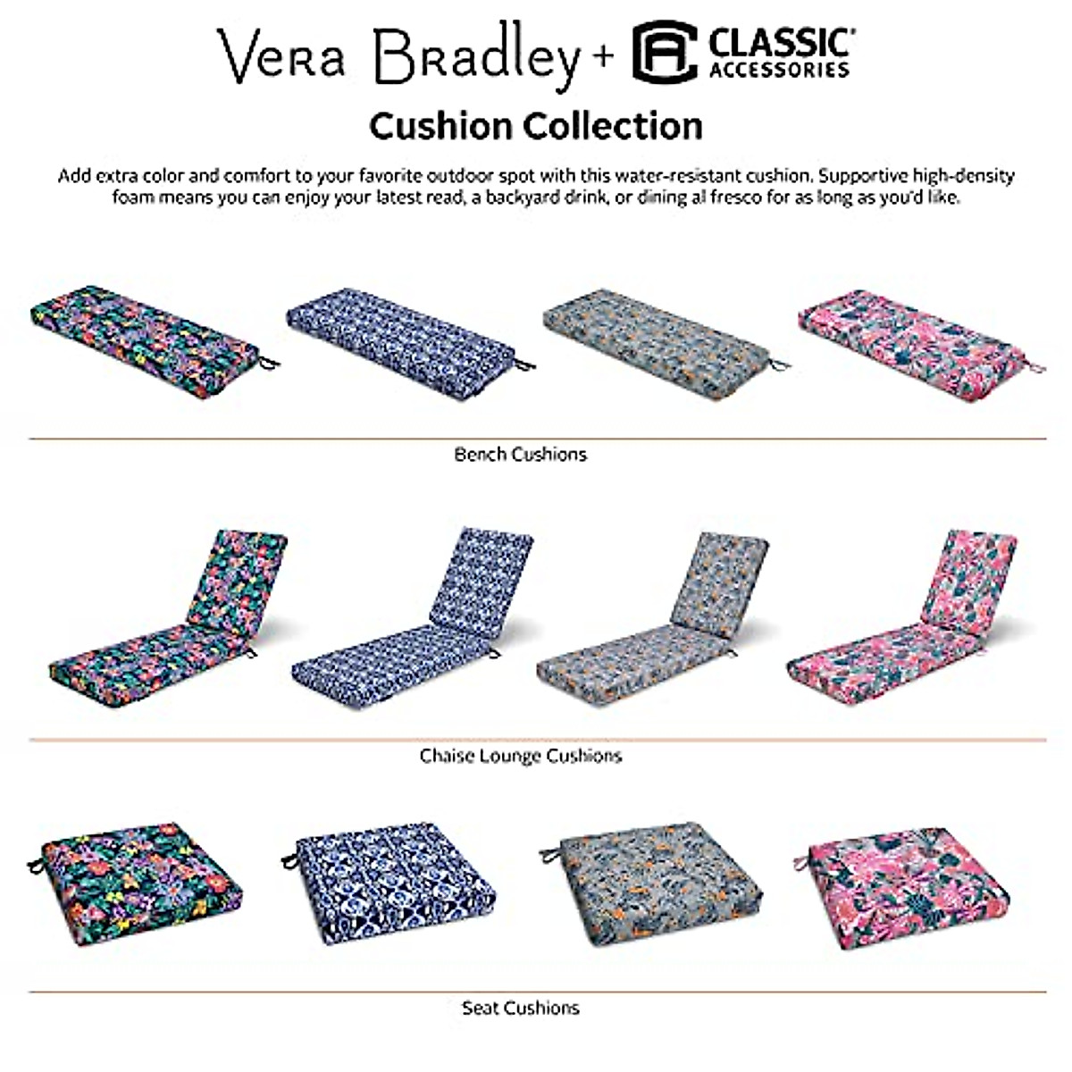 Vera Bradley by Classic Accessories Water-Resistant Patio Bench Cushion, 48 x 18 x 3 Inch, Rain Forest Toile Gray/Gold