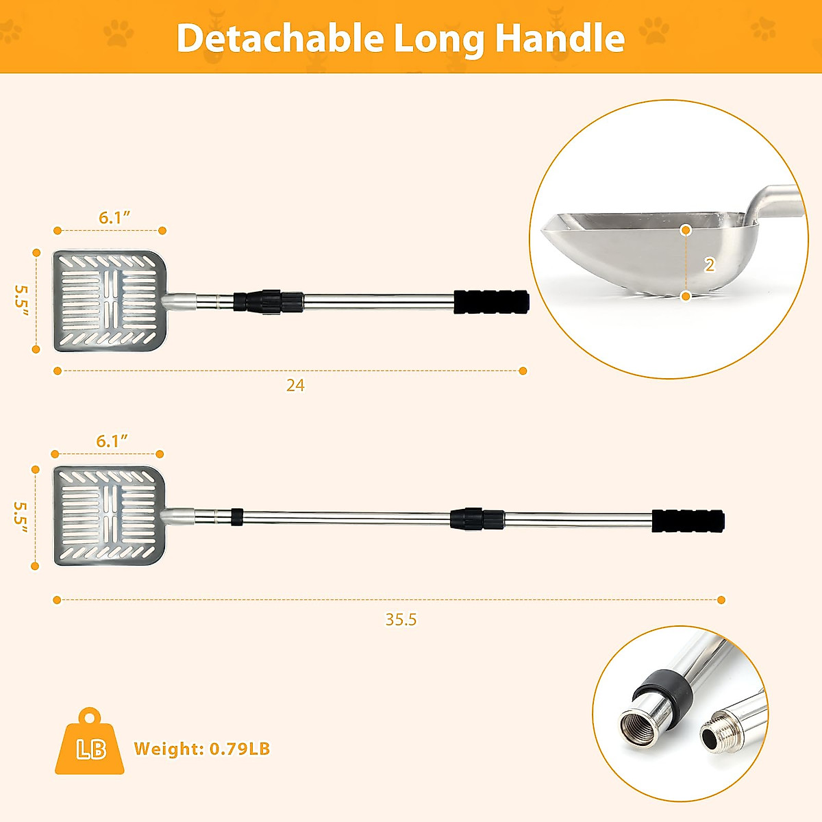 Cat Litter Scoop, Metal Cat Litter Scoop with Deep Shovel, Adjustable Long Handled Litter Scooper with Holder, Heavy Duty Cats Pooper for Litter Box Pet Poop Shovel