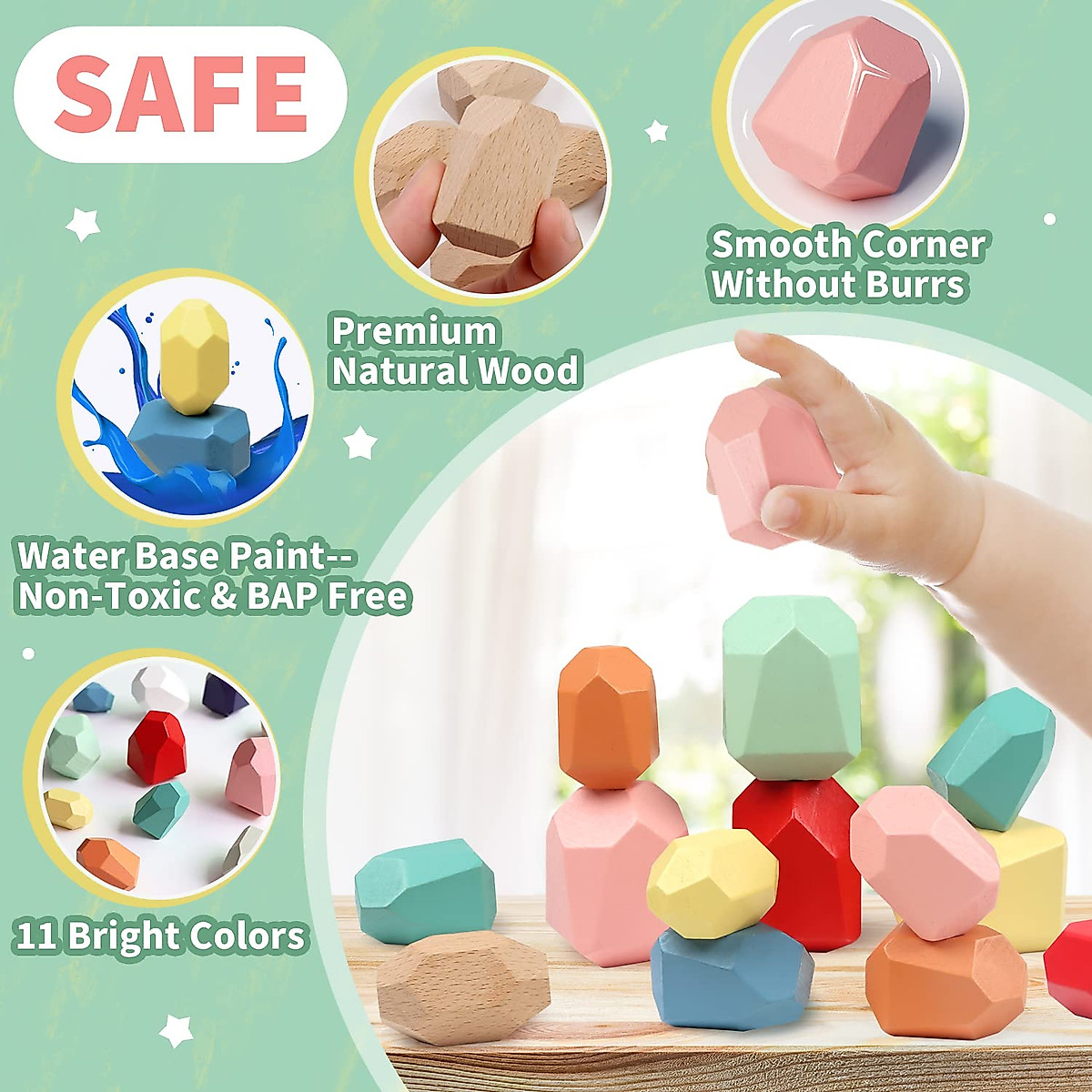 FUNNYB&G 36 PCS Stacking Rocks Montessori Toys for 1+ Year Old Girls Boys Wooden Building Blocks Balancing Stones for Kids Preschool Educational Sensory Toys for Toddlers Easter Birthday Gifts