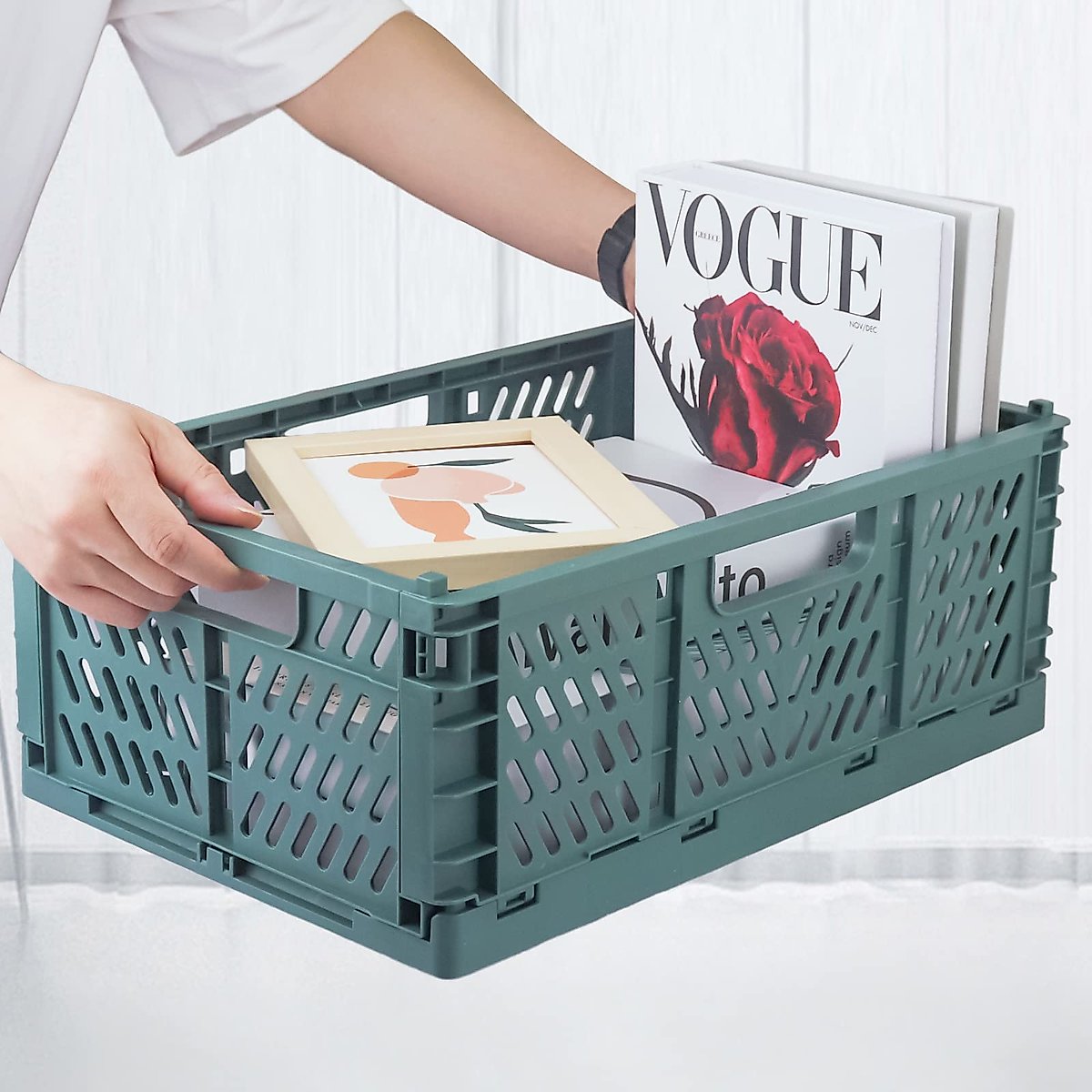 Klyuqoz Pastel Crates, Extra Large Size(16.7 X 11.2 X 6.5 in), Storage crates plastic stackable, Desktop Storage Crates, Folding for Home Kitchen Bedroom Office.Green