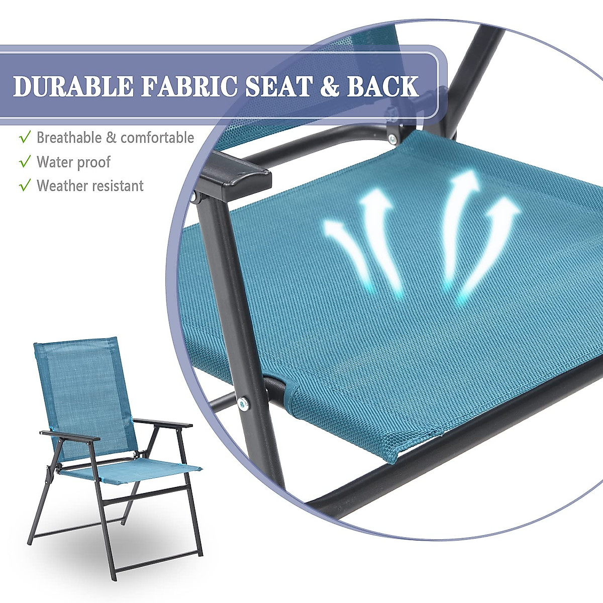 VICLLAX 4 Pieces Patio Folding Chairs, Outdoor Portable Dining Chairs for Lawn Garden and Porch, Turquoise Blue(Edge-Binding)