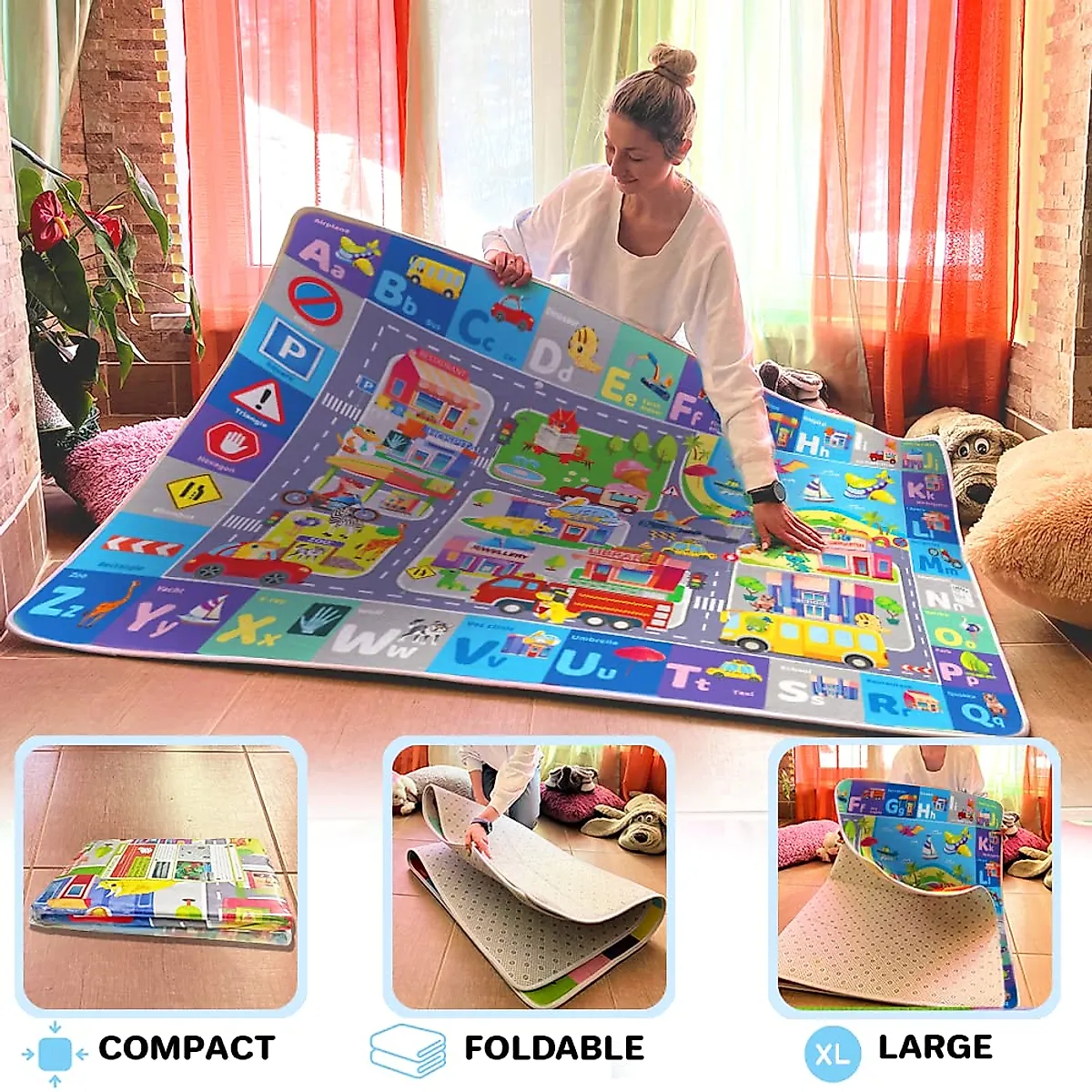 QUOKKA ABC Floor Play Mat – Extra Thick 0.8cm Non-Slip Padded Nursery Rug with City Design for Babies Toddlers & Kids – Super Soft Plush Mat for Playroom - Foldable Gift for Boys and Girls