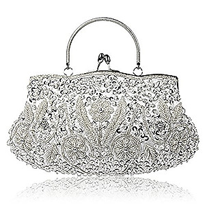 Tmore Beaded Sequin Design Flower Evening Purse Large Clutch Bag (Silver)