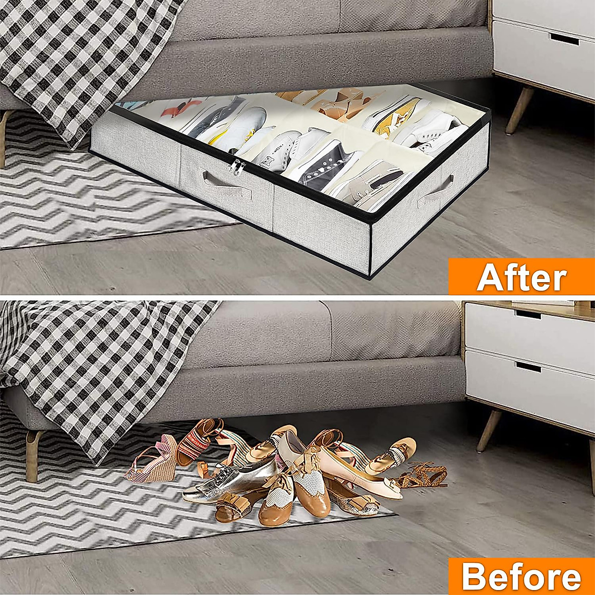 Shoe Storage Organizer Under Bed, 2 Pack Fits 32 Pairs, Extra Large Shoe Container, Breathable Fabric Underbed Storage for Sneakers, Slippers, Closet, Grey