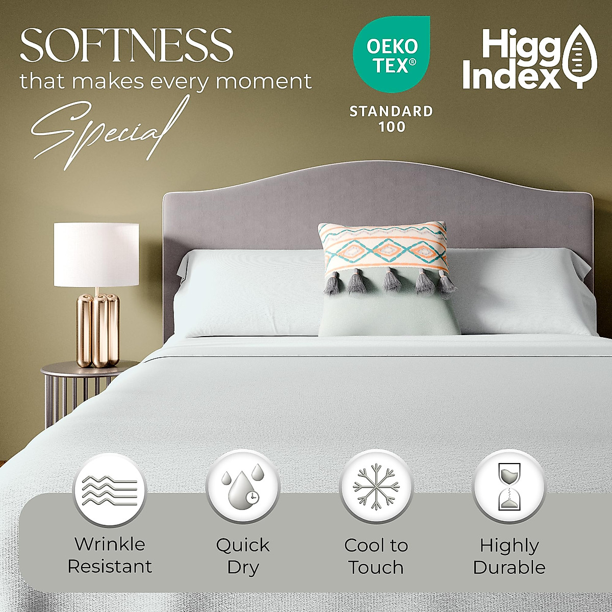 SUPREME ELEGANCE Super Soft Full Sheet Set, Jersey Knit 4Pc Light Gray Sheets, All Season Wrinkle Resistant & Easy Care Sheet Set with Deep Pocket (1 Flat Sheet, 1 Fitted Sheet & 2 Pillowcases)