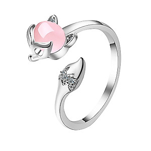 Fashion Inlaid Zircon Ring for Women Cute Fox Statement Ring Opening Ring (Silver, One Size)