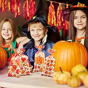 160 Pieces 4 Styles Fall Harvest Cellophane Treat Candy Bags with Twist Ties - Pumpkin and Leaf Designs Clear Goodie Bags for Kids, Thanksgiving Day Party Favors, and Autumn Snack Decorations