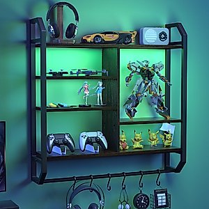 Nidouillet Gaming Floating Shelves, Large LED Wall Mounted Display Shelf, Adjustable Hanging Pipe Shelf Bookshelf with Lights 6 Hooks for Game Living Room Bedroom Coffee Bar Kitchen Decor Black