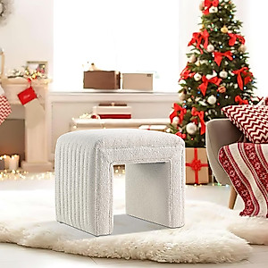 Get Set Style Vanity Stool Chair,Modern Boucle Ottoman Foot Stool with Wooden Legs Sofa Bench Footstool Extra Seat for Vanity,Makeup Room,Living Room,Entryway,Office (Fully Assembled)