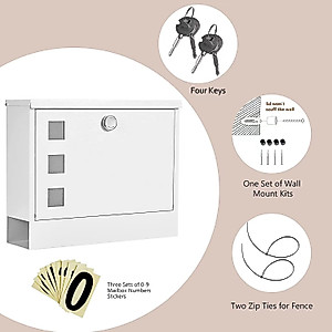 LAND·VOI Locking Mailbox Wall Mounted, Metal Postbox with Three Sets of Mail Box Number Stickers, 4 Keys, 14.4" x 4.5" x 11.2", Large Capacity, Textured White, AMB11W