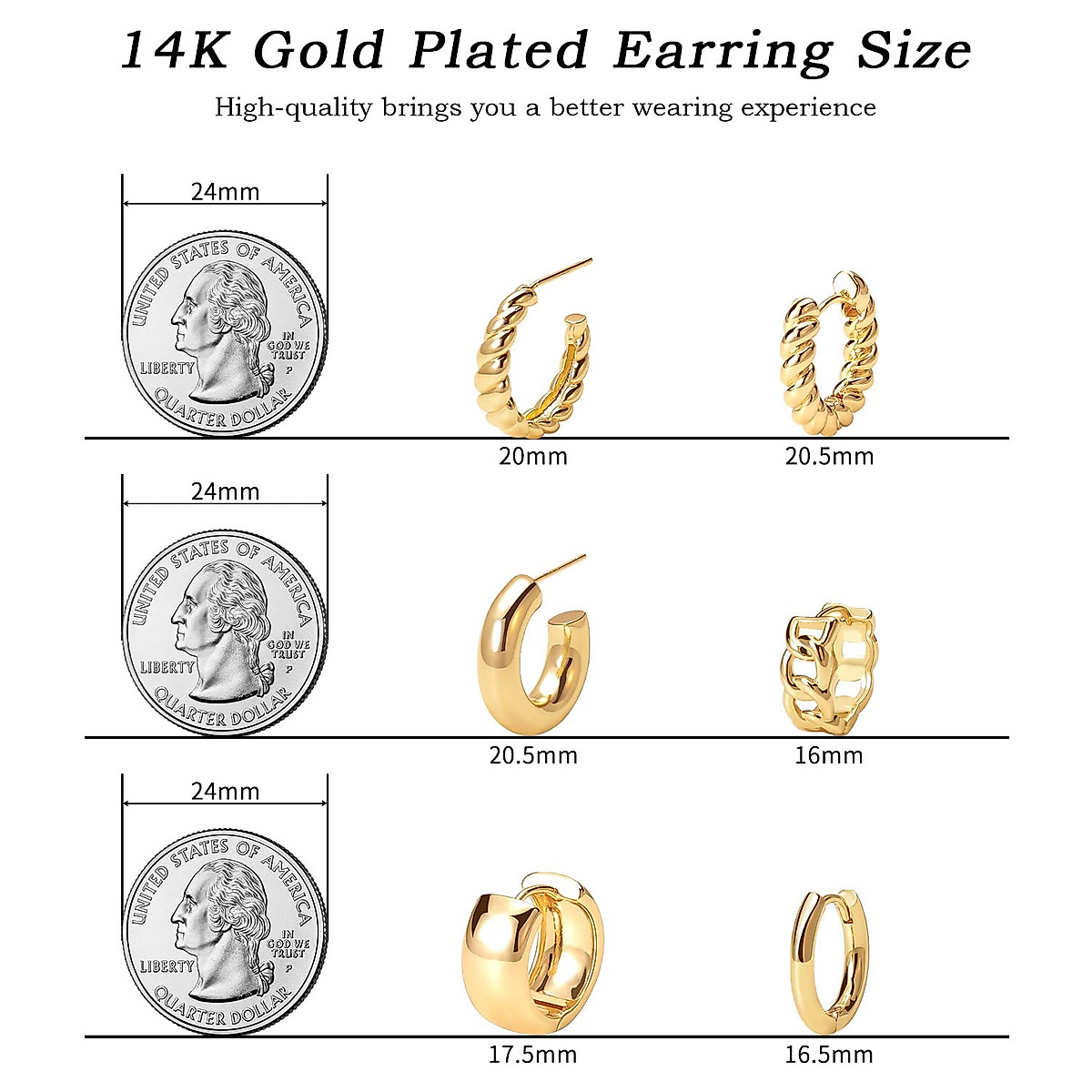 Gold Hoop Earrings Set 14k Gold Plated Huggie Earrings Hypoallergenic Chunky Thick Jewelry for Multiple Piercing Christmas Gift for Women