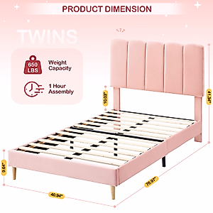 GAOMON Pink Twin Bed Frame, Velvet Upholstered Platform Bed Frame with Headboard, Strong Wooden Slats, Noise-Free,No Box Spring Needed, Easy Assembly (Pink)
