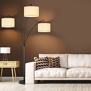 PARTPHONER Arc Floor Lamps for Living Room, Modern Black Floor Lamp Tall Standing Lamps, Multi-Arm Trilage Arched Floor Lamp for Bedroom Lounge Home Office, Light Beige Shades