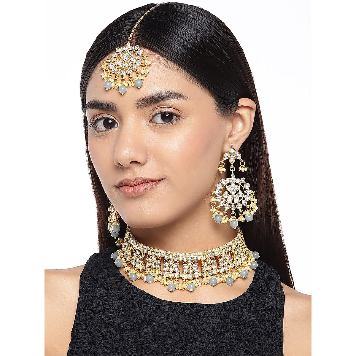 Aheli Elegant Indian Faux Kundan Studded Choker Necklace with Maang Tikka Set Ethnic Wedding Wear Fashion Jewelry for Women Grey
