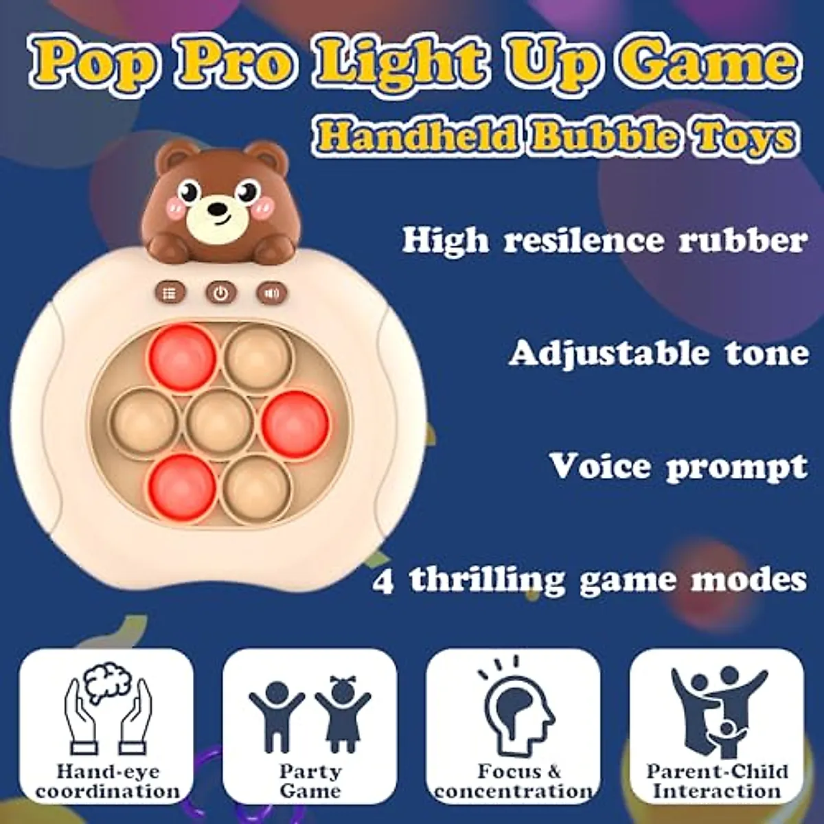 Fast Push Pop Pro Light Up Fidget Bubble Game Controller, Puzzle Pop Pro Game Fidget Toys Adults Handheld Bubble Pop Fidget Game Console Anti-Anxiety Autism Decompression Electronic Travel Game Toy