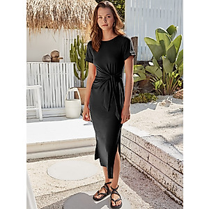 ANRABESS Women's 2025 Summer Maxi Tshirt Dress Short Sleeve Crewneck Tie Waist Casual Slim Fit Slit Spring Long Beach Dresses Black Large