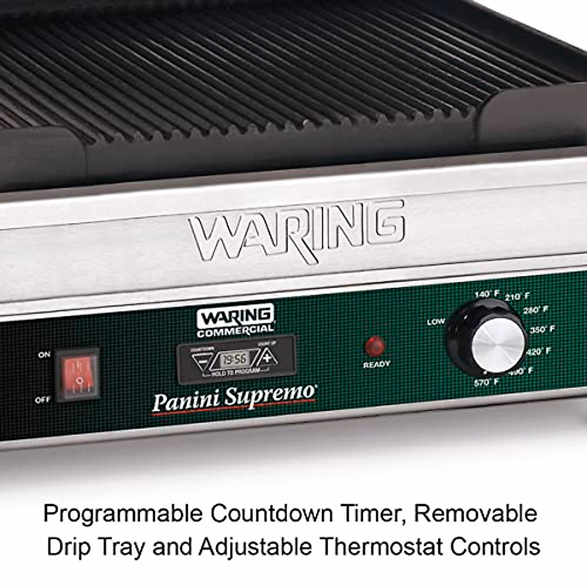 Waring Commercial WPG250T Panini Supremo Large Ribbed Panini Grill, With 20 Minute Countdown Timer, 120V, 1800W, 5-15 Phase Plug,Green