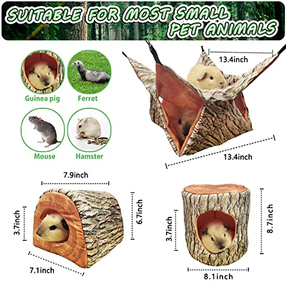 EAEDMY Guinea Pig Rat Ferret Tree Hole Bed and Hammock Tunnel, Ferret Hanging Bunk Bed Hammock, Parrot Bird Tree Hole, Small Animals Hideout and Soft Bed (1.Tree Hole Bed and Hammock)
