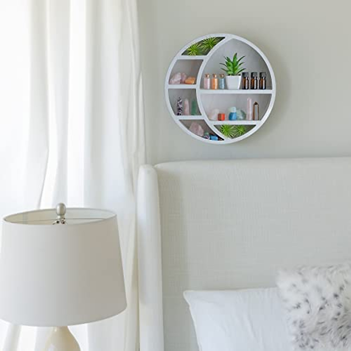 Crescent Moon Shelf Wall Decor - Rustic Wooden Moon Shelf for Crystals, Stones & Essential Oils - Wall-Mounted & Easy to Hang - Boho Shelf for Nursery or Bedrooms - 14 x 14 x 3.5 in. (White)