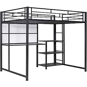 DNYN Full Size Loft Bed with Desk & Ladder for Kids Bedroom,Multifunctional Metal Bedframe w/Shelves & Whiteboard & Safety Rail Design,Space Saving & No Box Spring Needed, Black