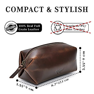 LUXEORIA Premium Leather Small Toiletry Bags for Men and Women, Genuine Leather Dopp Kit and Shaving Bag for Men, Travel Cosmetic Bag for Women's and Men's, Dark Brown