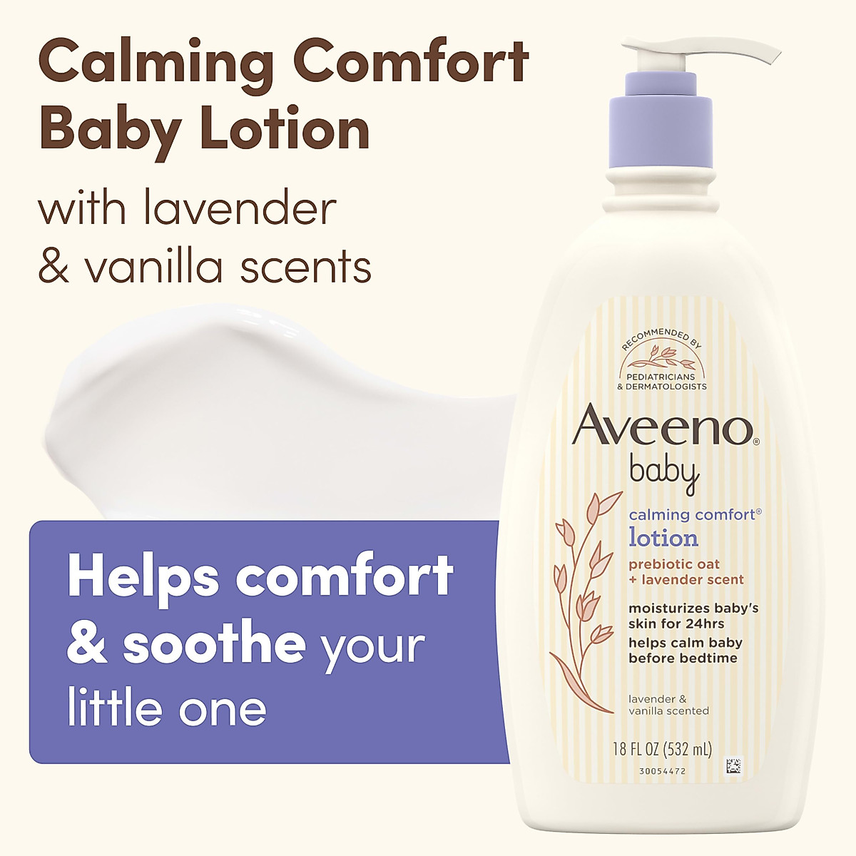Aveeno Baby Calming Comfort Moisturizing Lotion with Relaxing Lavender & Vanilla Scents, Non-Greasy Body Lotion with Natural Oatmeal & Dimethicone, Paraben- & Phthalate-Free, 18 fl. Oz