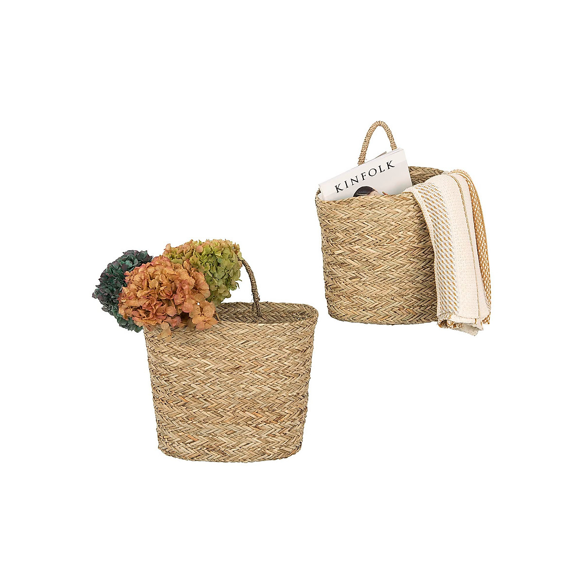 Creative Co-Op Handwoven Seagrass Wall Mount Baskets with Handles, Set of 2 Sizes, Natural