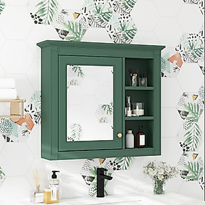 Royard Oaktree Bathroom Wall Mirror Cabinet, Modern Medicine Cabinet with Single Door and Adjustable Shelf, Over The Toilet Space Saver Storage Cabinet with 3 Open Shelves, Green