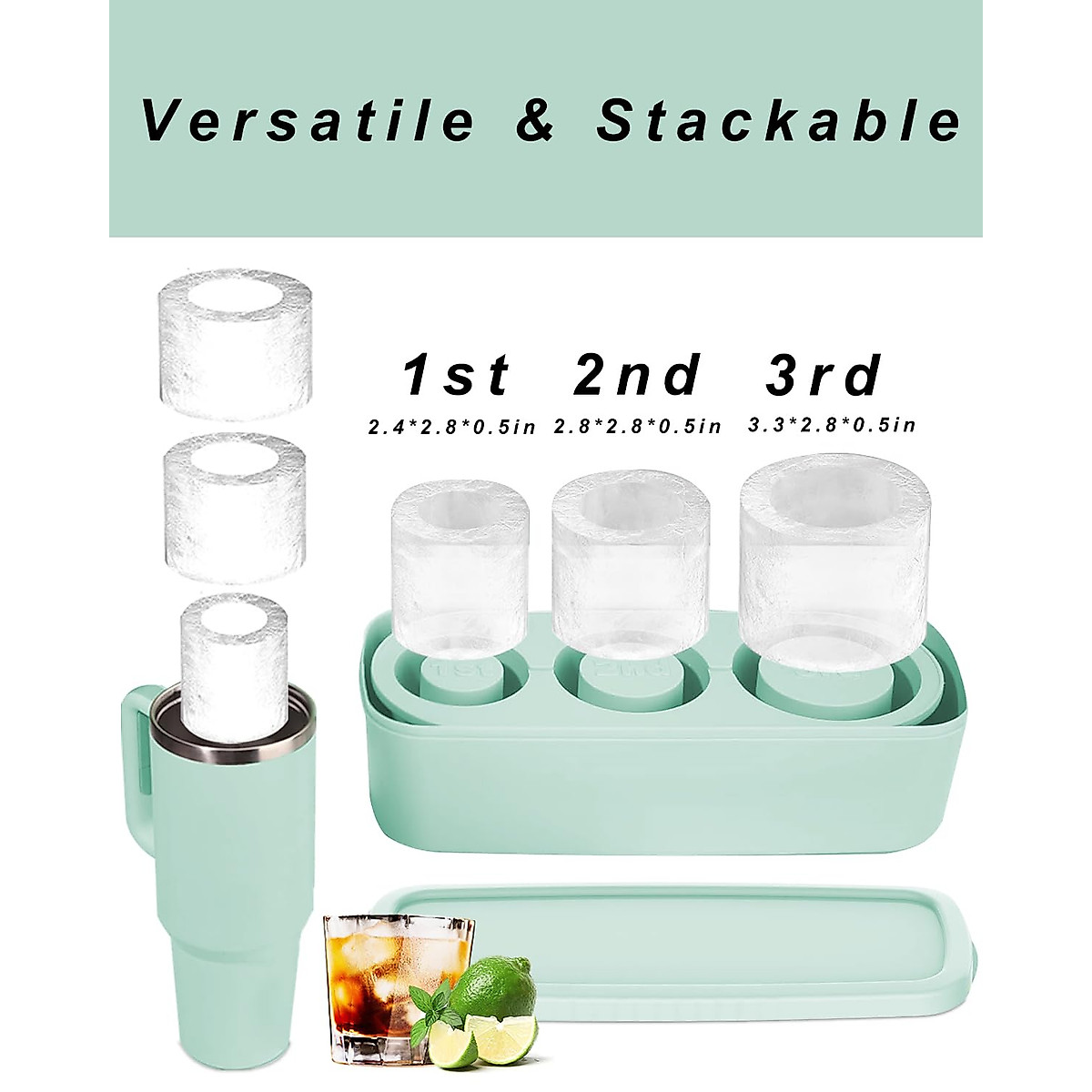 Ice Mold for Stanley Tumbler Cup, 3 PCS Silicone Hollow Cylinder Ice Cube Tray with Lid for 30OZ-40OZ Straw Tumbler, Large Ice Cube Mold for Freezer, Ice Maker for Whiskey, Cocktail, Coffee (Green)