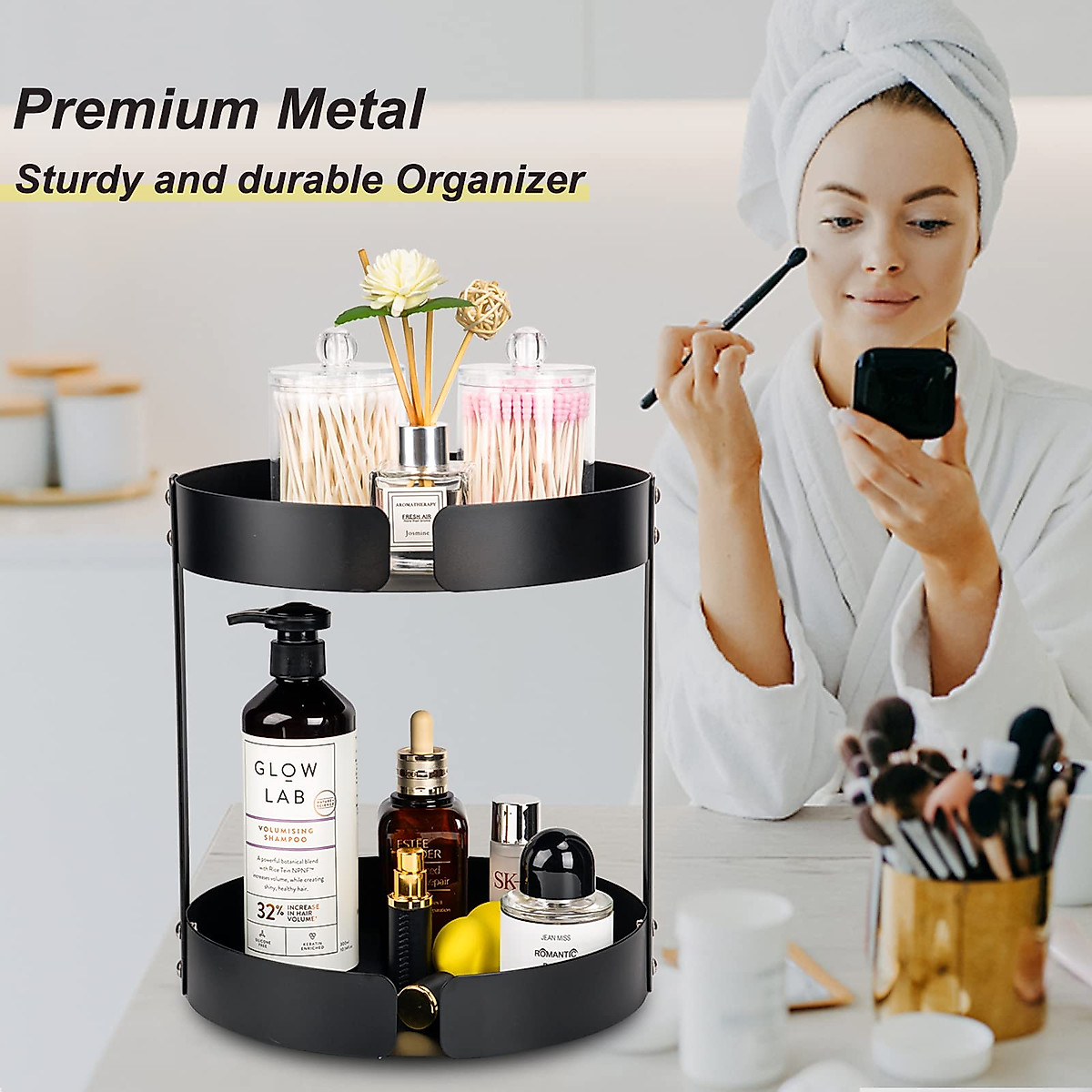 Hihotiner 2 Tier Bathroom Countertop Organizer, Stainless Steel Sink Storage Shelf, Waterproof and Rustproof, Premium Counter Rack Vanity Tray with Non-Slip Mat for Perfume, Makeup, Coffee