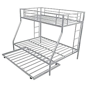 Metal Bunk Beds Twin Over Full Size with 2 Ladder and Trundle Bed for Kids Teens Adults, (Silver)