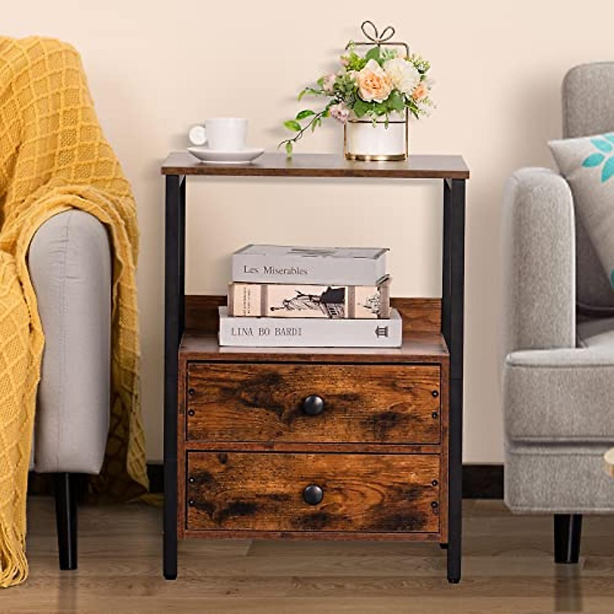 Lerliuo Nightstand, Side Table, Industrial Bedside Table with 2 Drawers and Open Shelf, Brown Night Stand, End Table with Steel Frame for Bedroom, Dorm, Brown/Black 23.6''H (Brown)