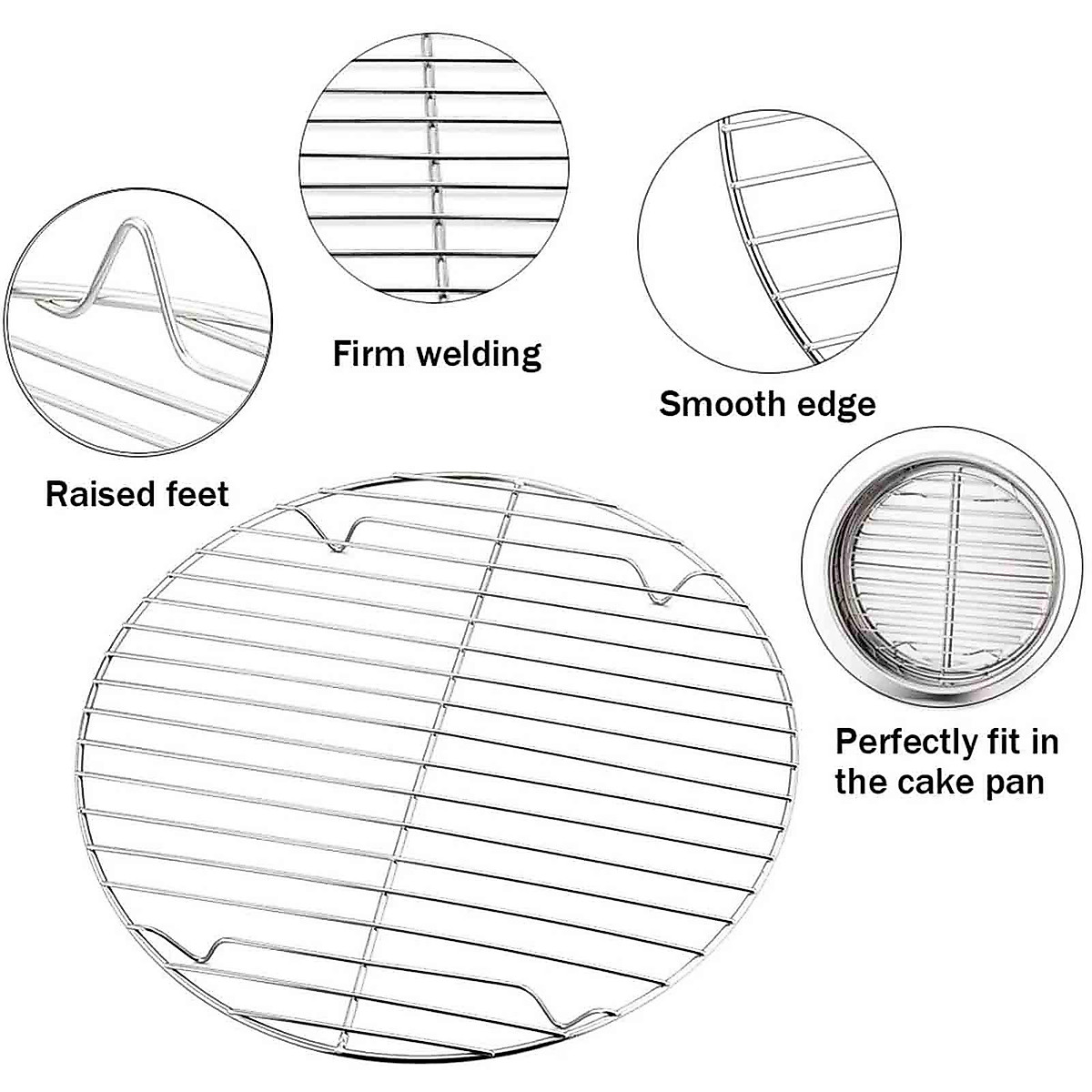 TeamFar Round Cooling Rack Set of 3, 7½ & 9 & 10½ Inch, Stainless Steel Round Baking Steaming Rack Set, Fit for Oven/Pot/Air fryer, Healthy & Dishwasher Safe, Mirror Finish & Smooth Edge