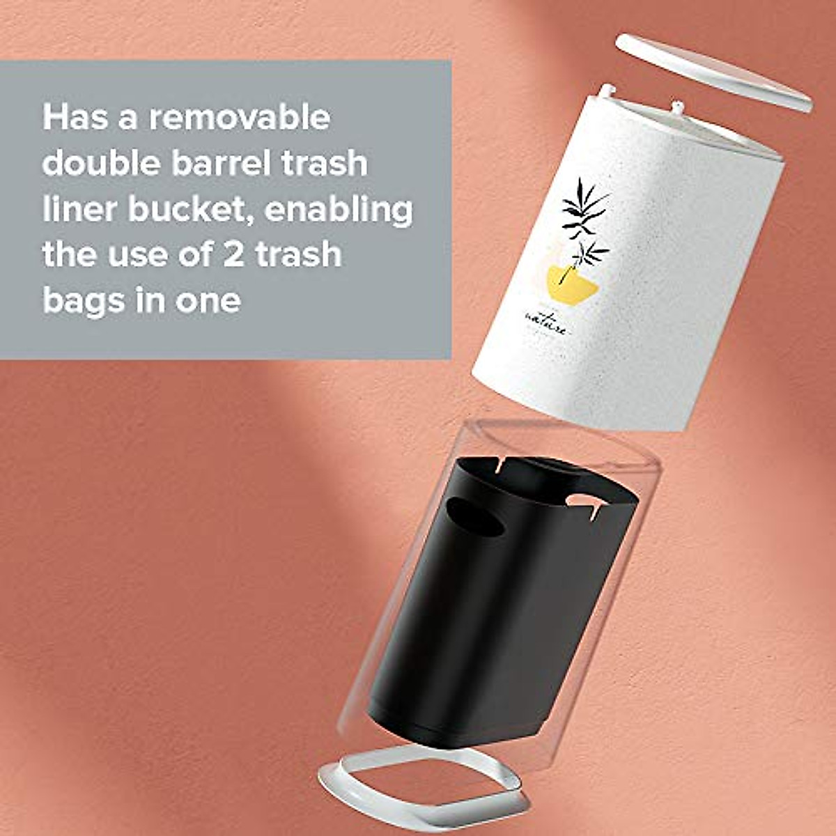 3.2Gal/12.1L Oval Slim Trash Can - Nordic Style Garbage Can with Lid - White Plastic Trash Can w/ Press Top Wood Grain Lid - Space Saving Kitchen Trash Can w/ Double Barrel Removable Plastic Bin Liner