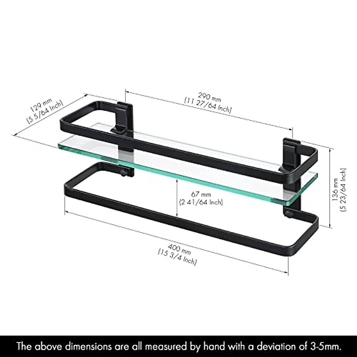 KES Bathroom Shelf Extra 8 MM-Thick Tempered Glass with Aluminum Bar and Rail Storage Organizer Retangular Rustproof Wall Mount Black, A4127A-BK