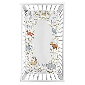 Sweet Jojo Designs Woodland Animal Toile Boy or Girl Fitted Crib Sheet Baby or Toddler Bed Nursery Photo Op - Grey, Green, and Brown Bear Deer Fox