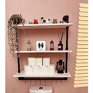 ROGMARS Industrial Pipe Shelving Floating Bathroom Shelves with Towel Bar Over Toilet,3 Tier 30 inch Retro White Rustic Farmhouse Pipe Wall Shelves for Kitchen Storage (30inch 3 Tier)
