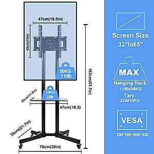 Hellsehen Rotating Mobile TV Cart Holds up to 110lbs,Rolling TVs Stand for 32-60 Inch, Portrait to Landscape, Heavy-Duty Floor Stand Base for Live Stream Video Conferencing Tiktok YouTube Zoom