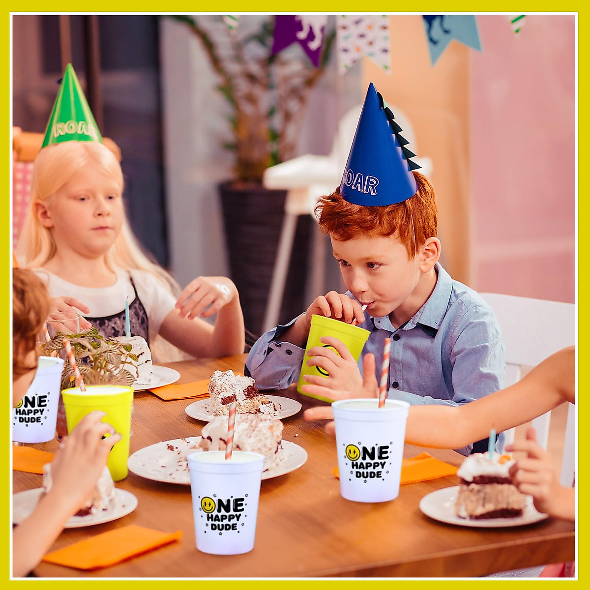 Norme 24 Pcs One Happy Dude 16 oz Plastic Cups Reusable Drink Tumblers Smile Face Birthday Cups for Kids First Birthday Party Baby Shower Favors